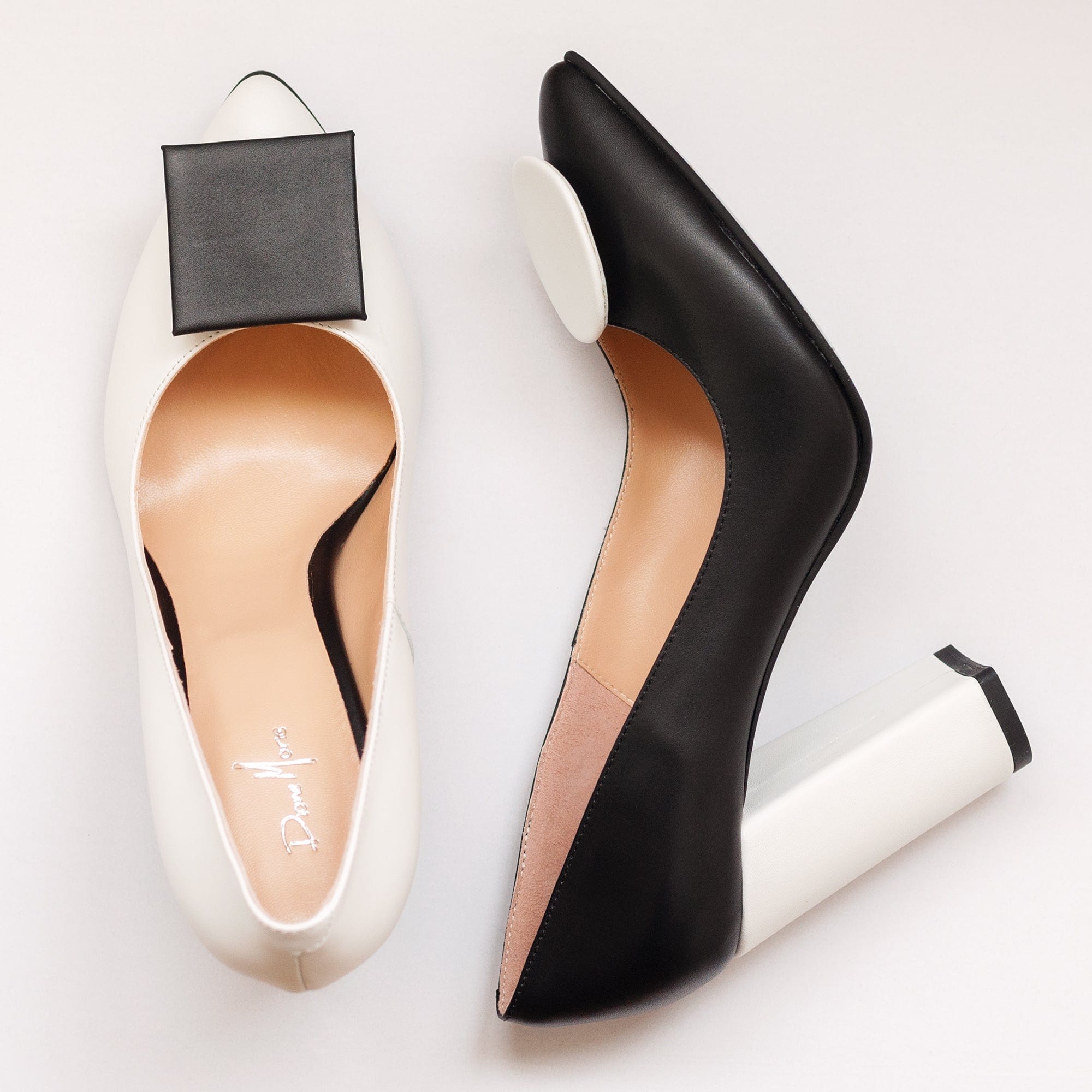 Asymmetric shoes in white and black natural leather Cinnamon – Pantofi ...
